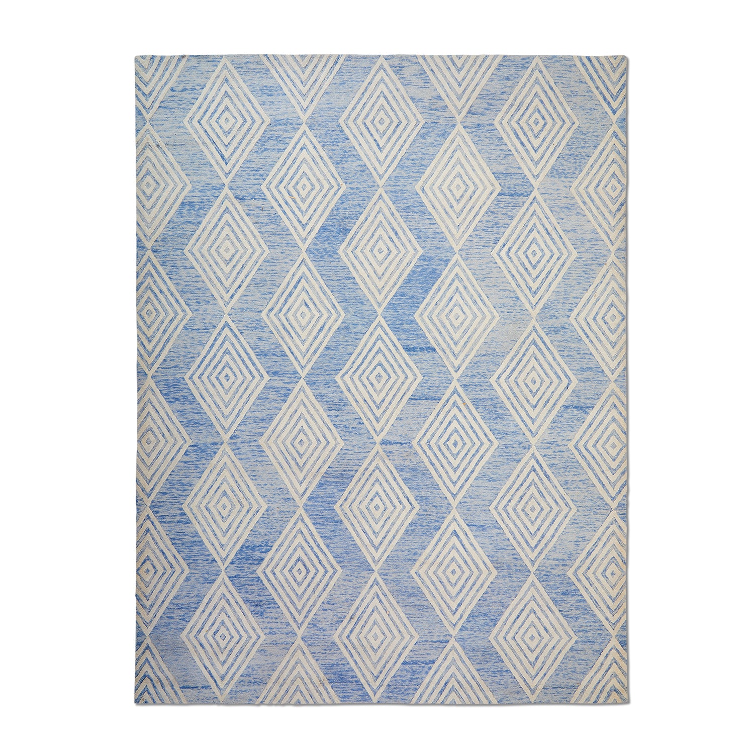 Large Blue and White Diamond Pattern Rug - Gil & Roy Props