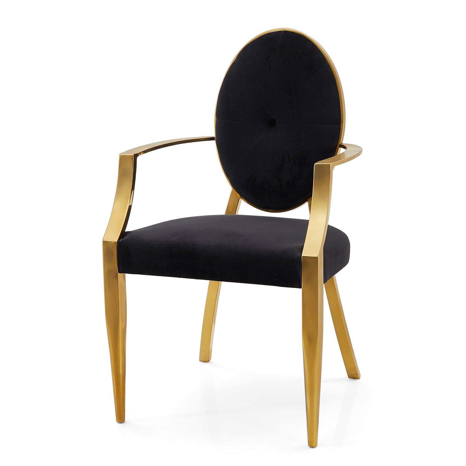 Gold & Black Velvet Oval Back Dining Arm Chair - Gil & Roy Props