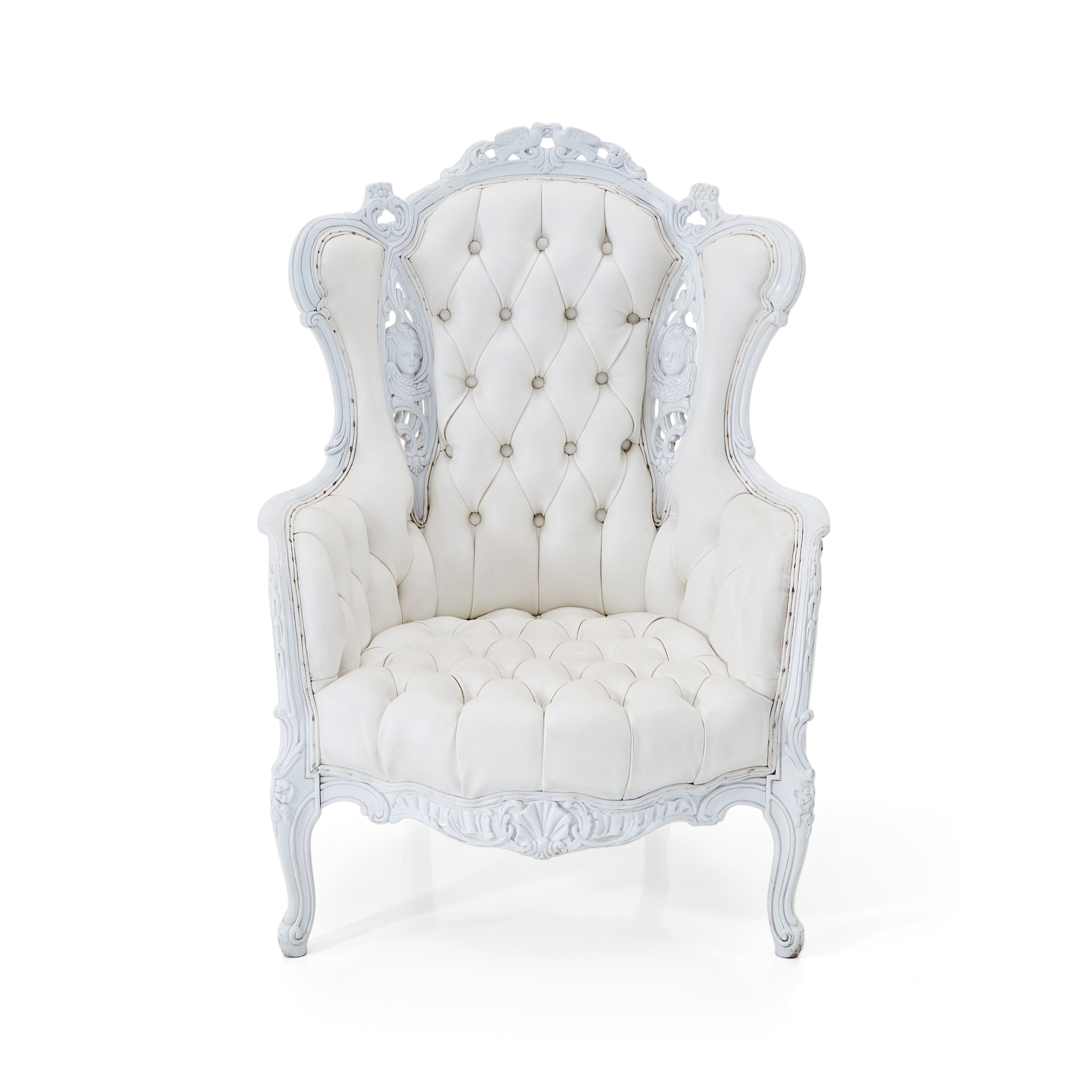 White Leather Button Tufted Victorian Wing Back Chair - Gil & Roy Props