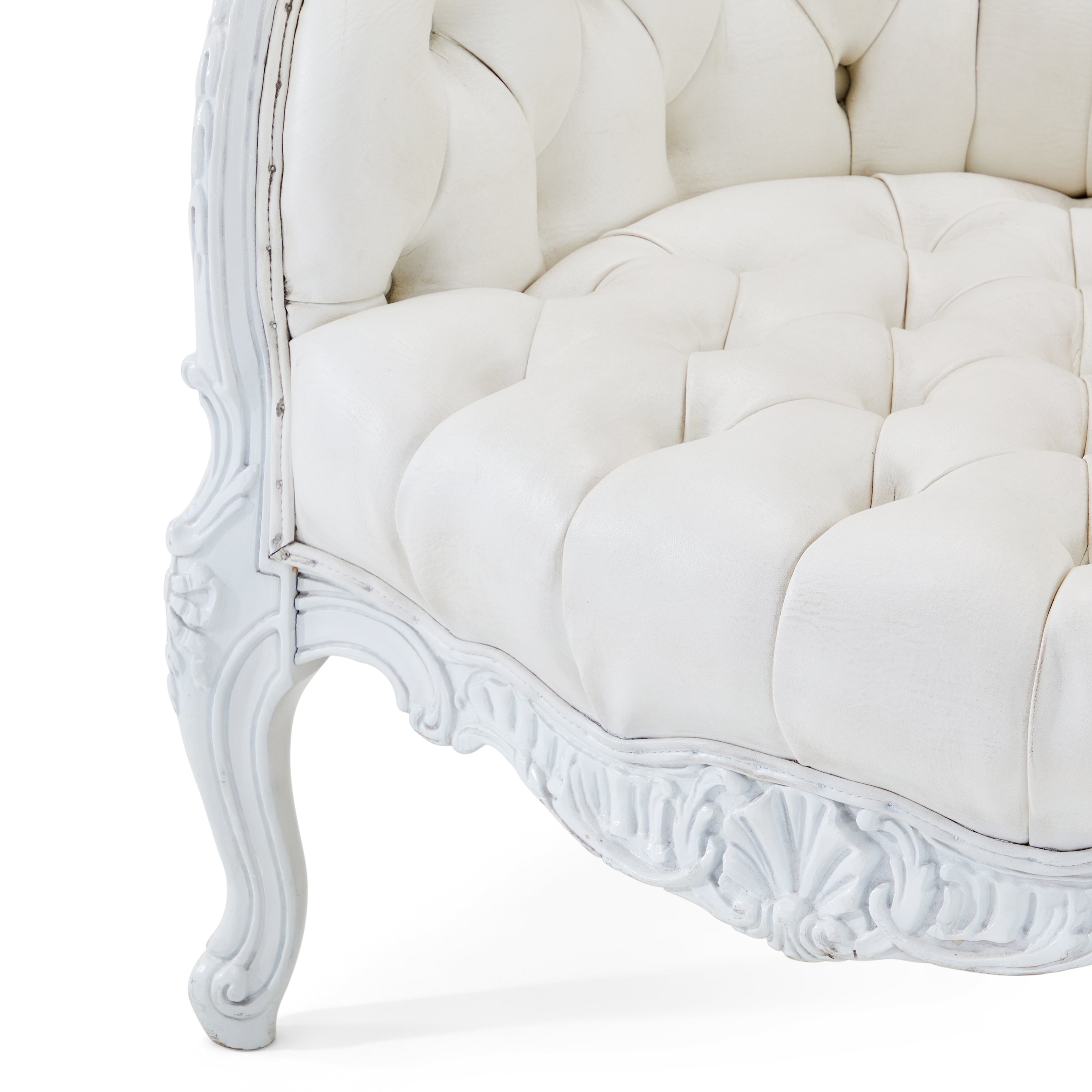 White Leather Button Tufted Victorian Wing Back Chair - Gil & Roy Props