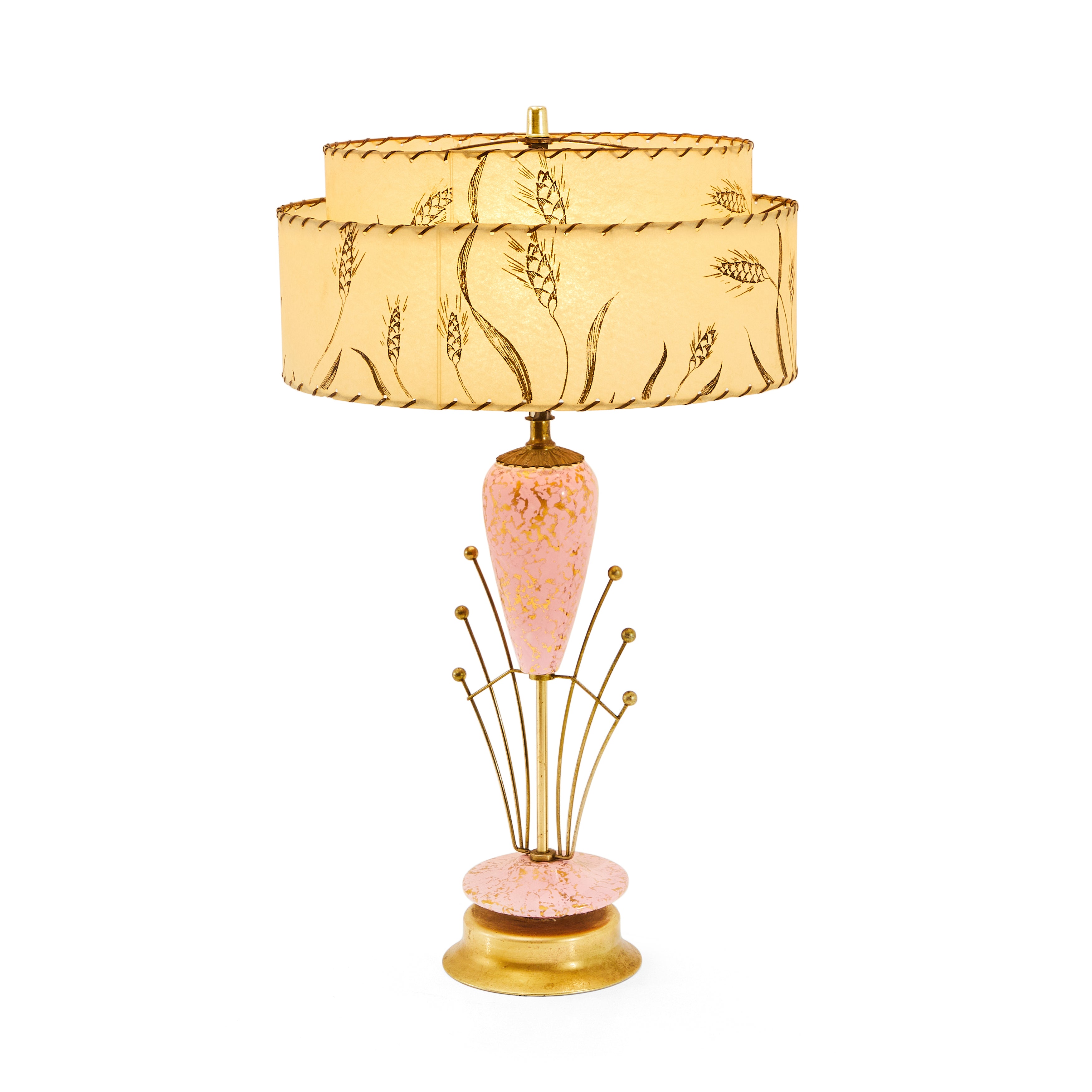 Pink Table Lamp with Tan Floral Double Shade - Gil & Roy Props