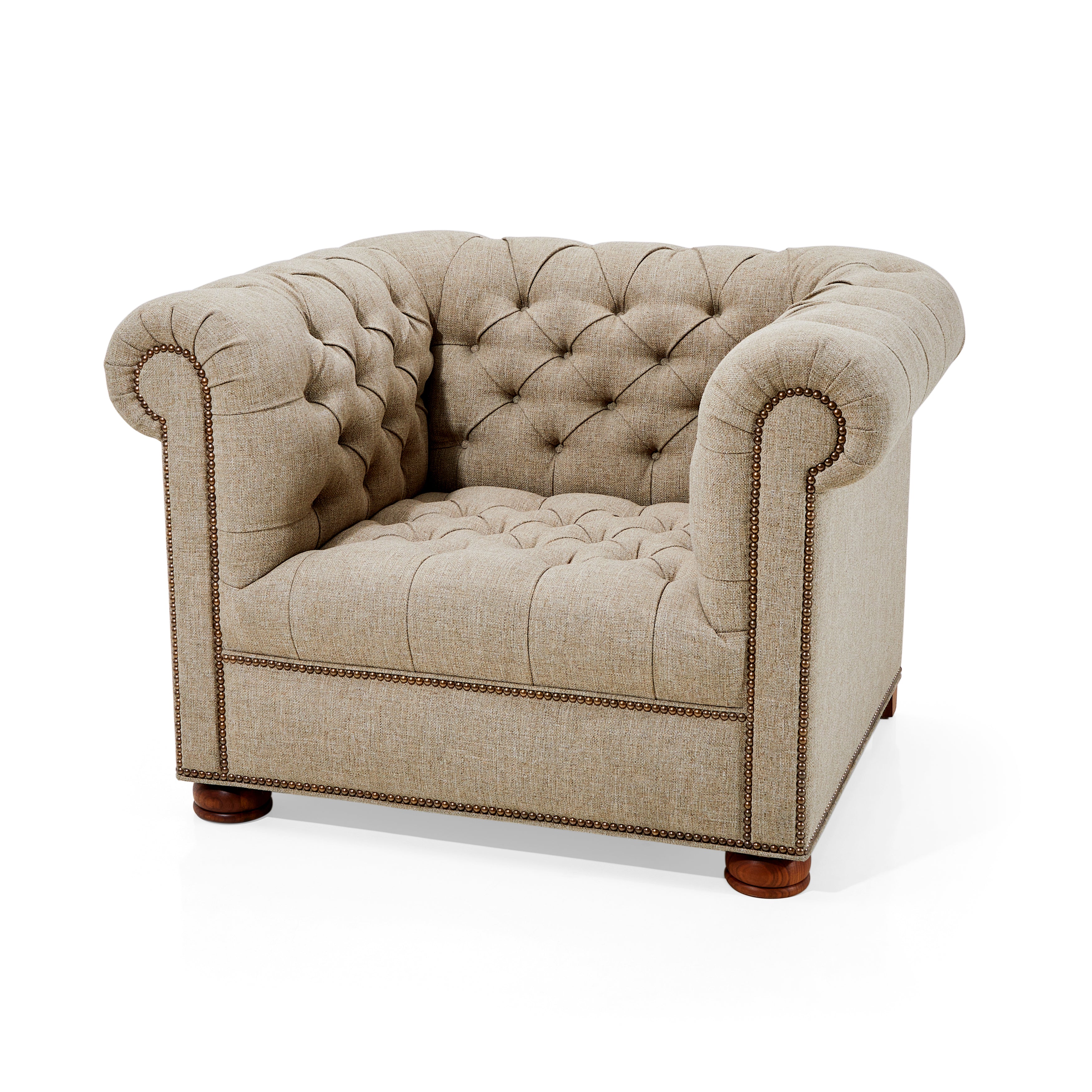 Grey Wheat Fabric Tufted Chesterfield Arm Chair - Gil & Roy Props