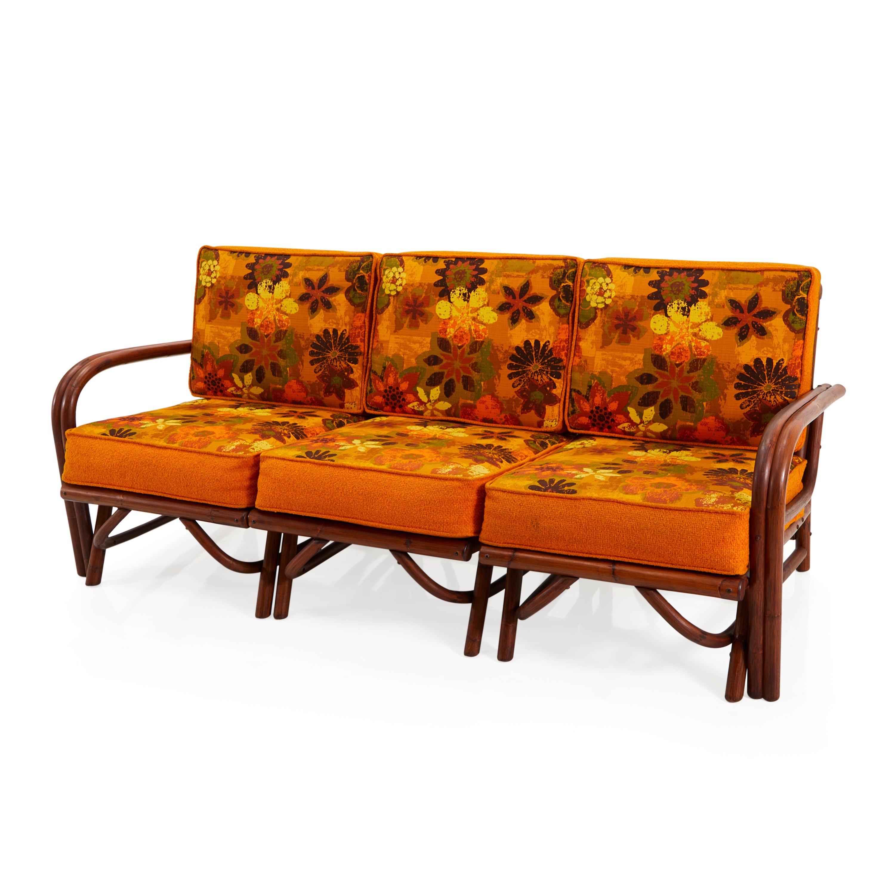 Orange & Rattan Frame Vintage Couch - Gil & Roy Props