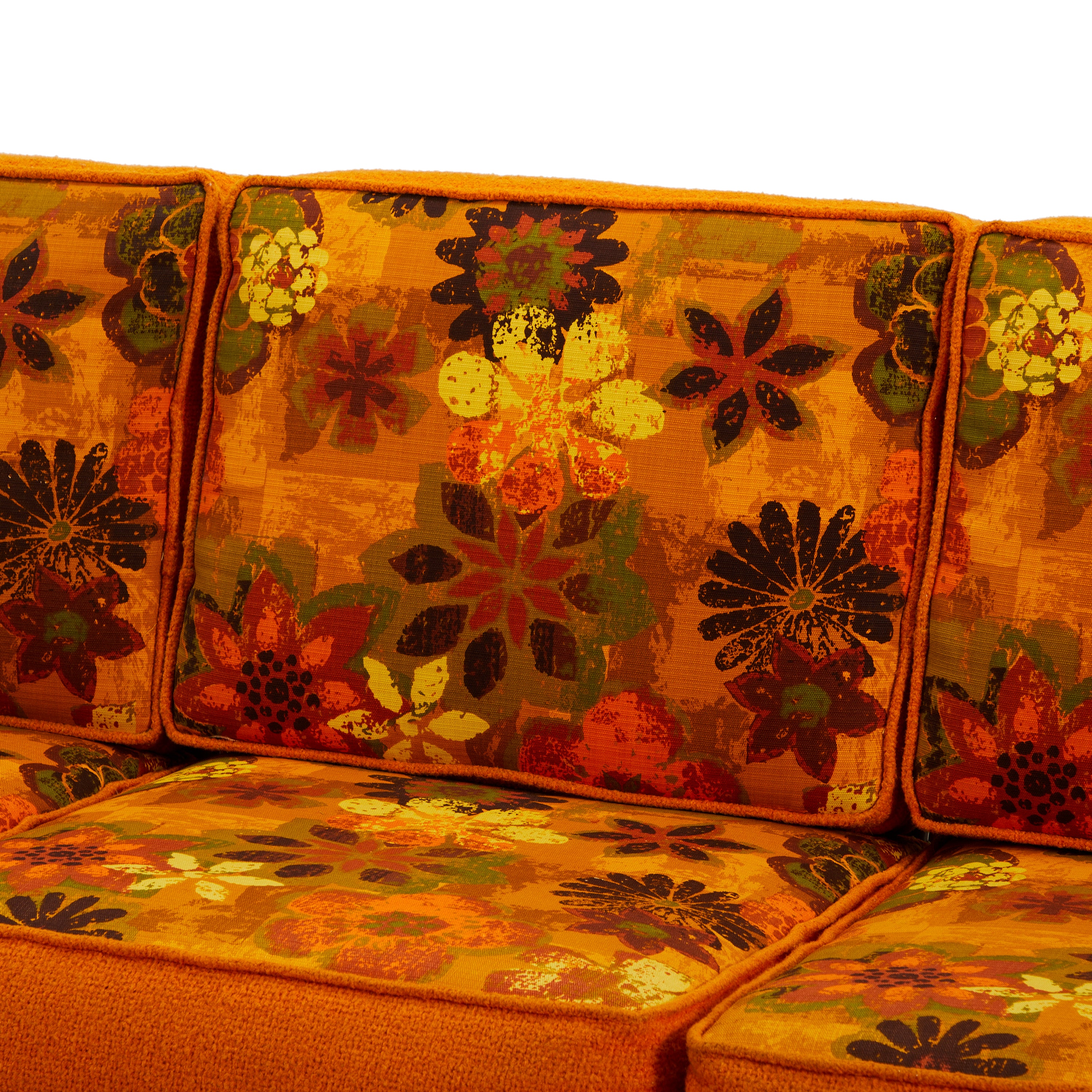 Orange & Rattan Frame Vintage Couch - Gil & Roy Props
