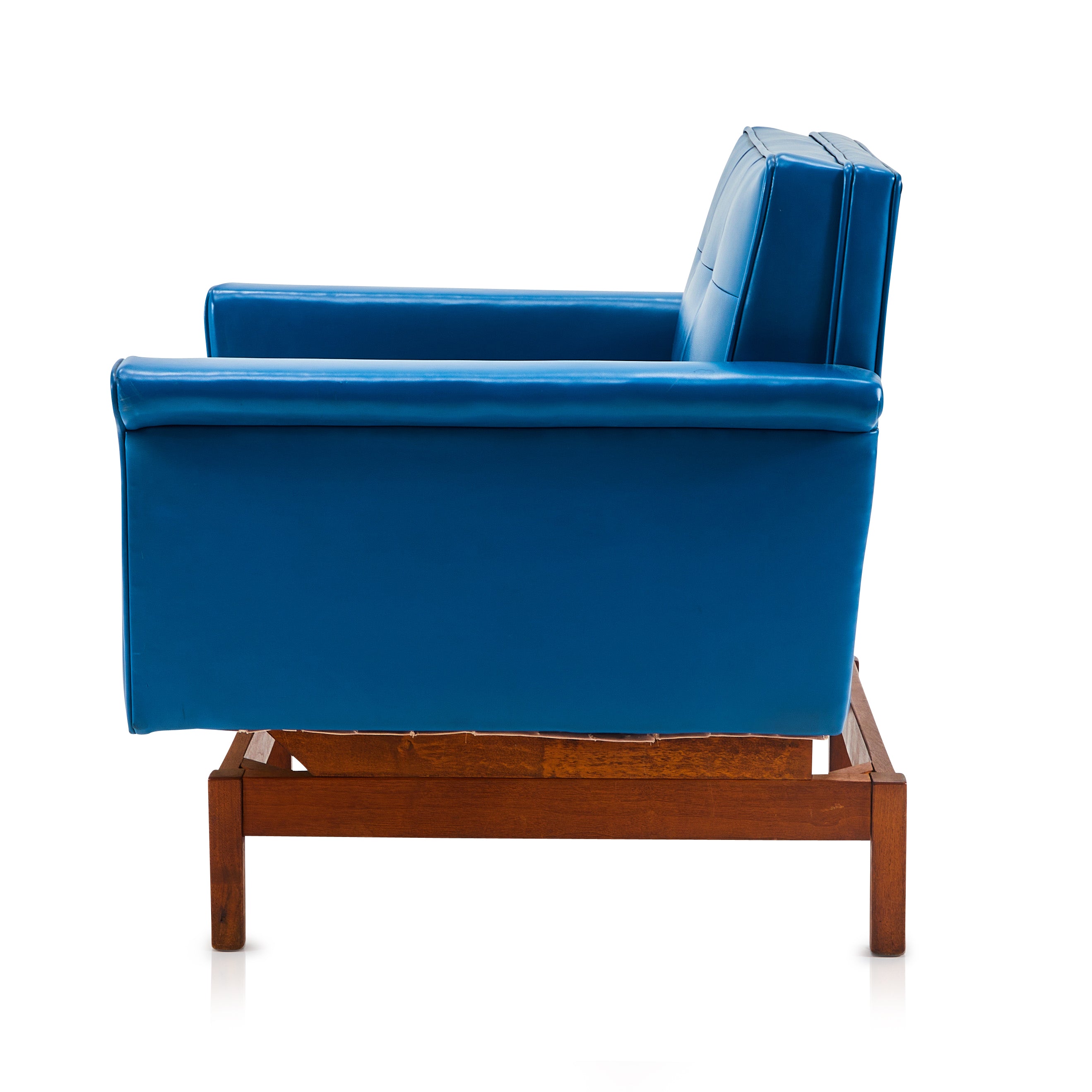 Blue Vinyl & Wood Modern Floating Arm Chair - Gil & Roy Props