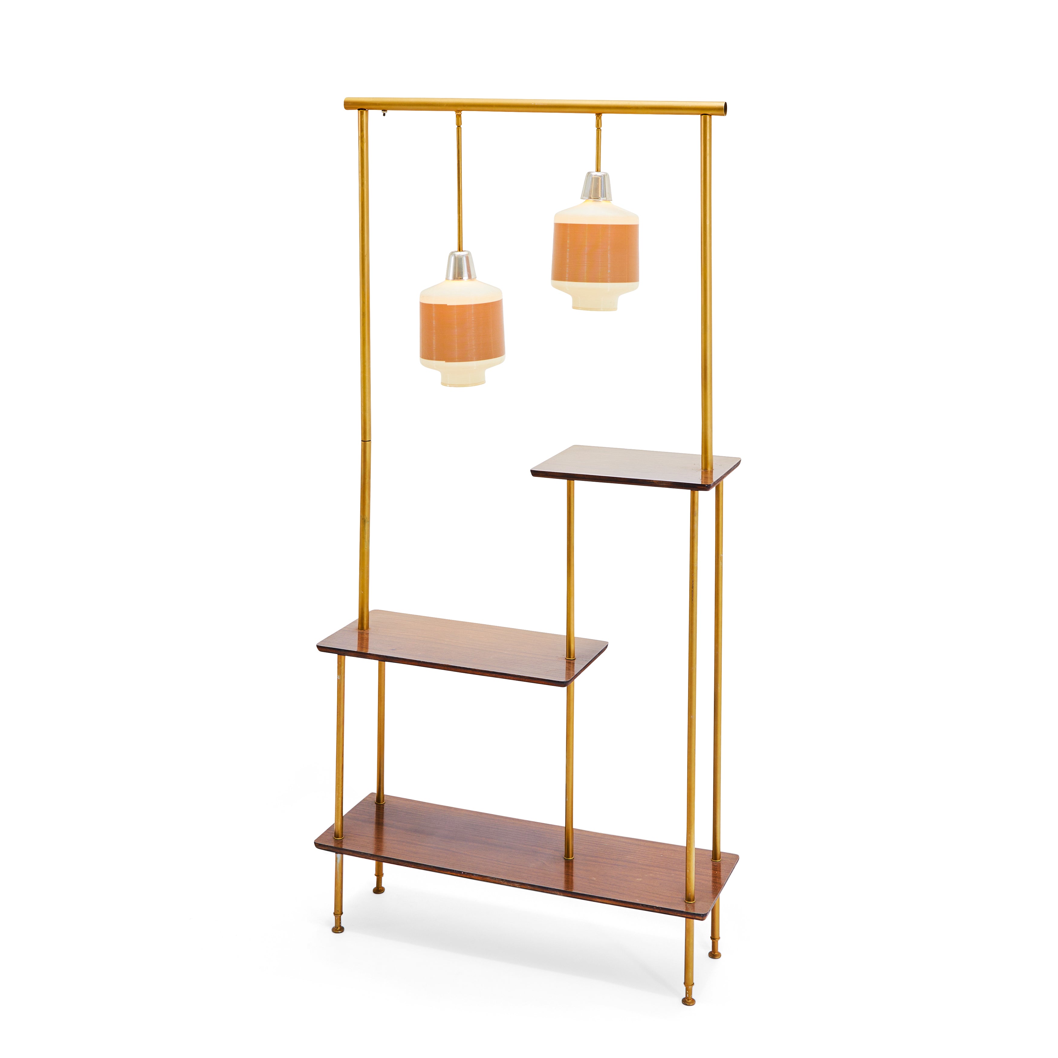 Wood & Brass Contemporary Shelf with Double Hanging Pendant Lamp - Gil ...