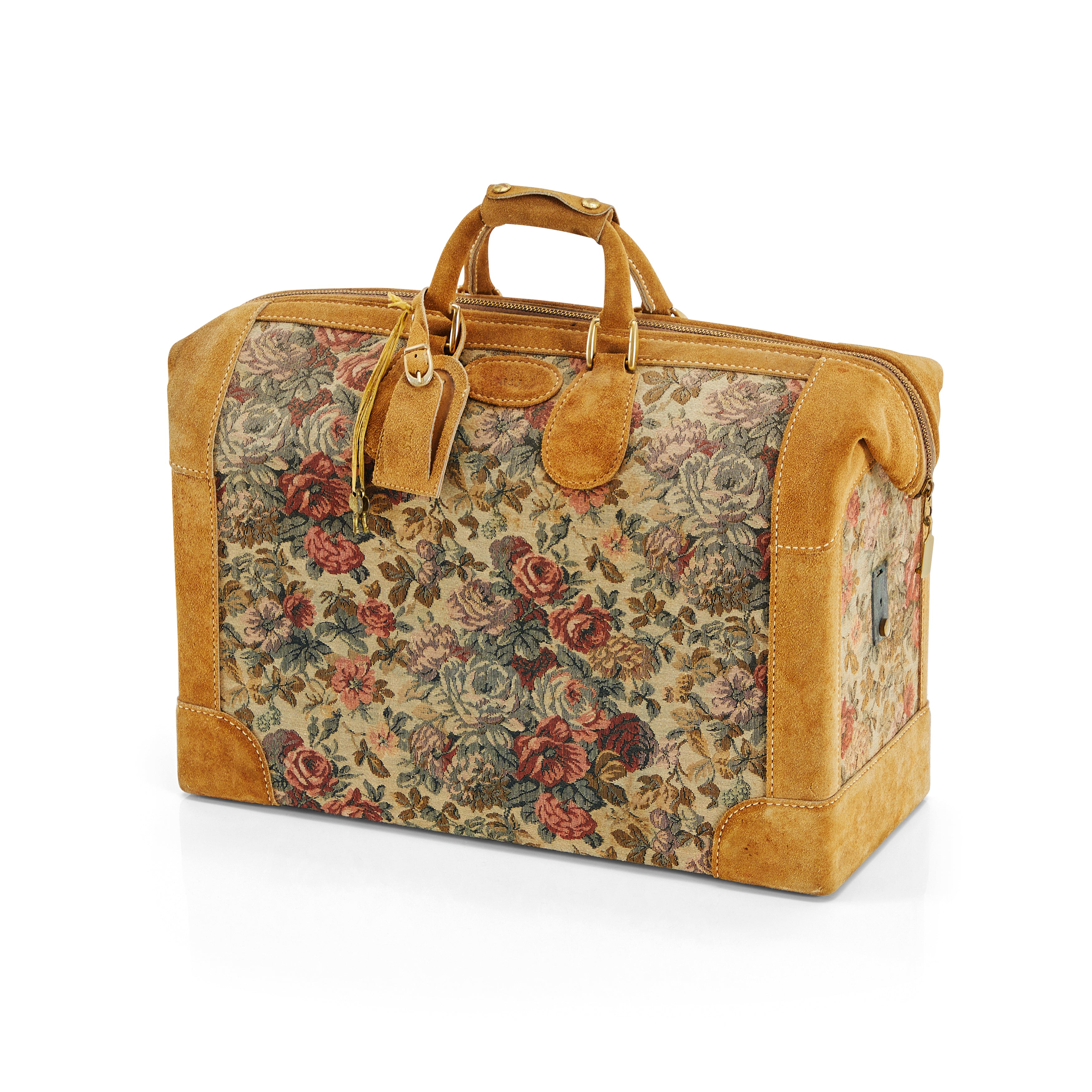 Tan Suede & Floral Vintage Hand Suitcase - Gil & Roy Props