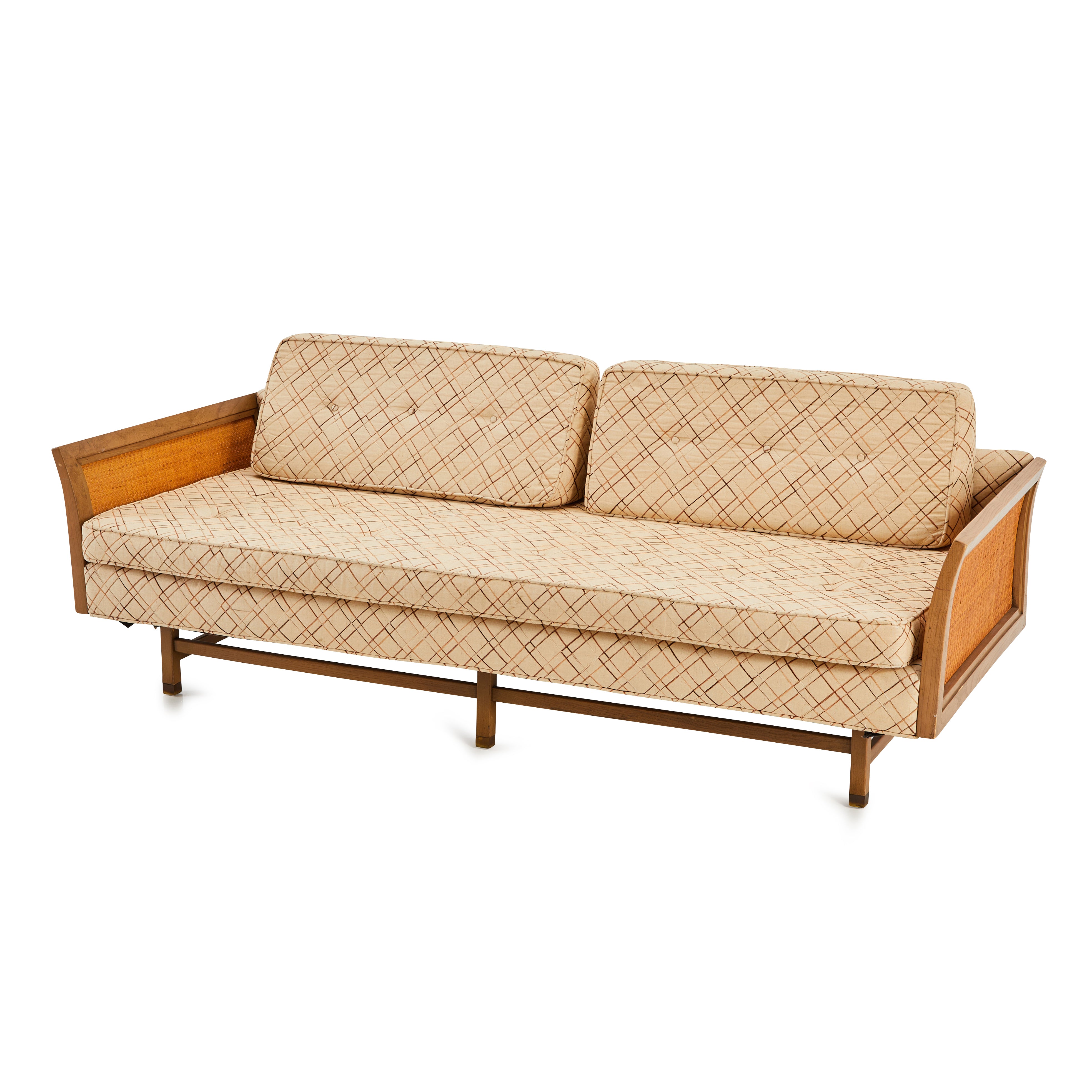 Tan Crosshatch Pattern Vintage Wood Frame Sofa - Gil & Roy Props