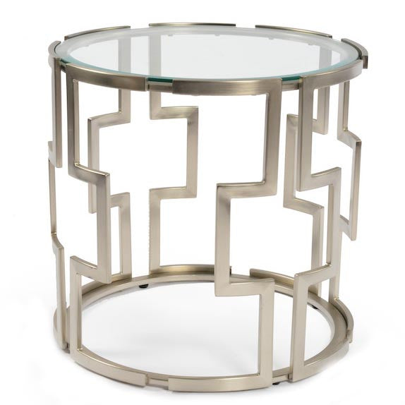 Glass & Chrome Round Side Table with Deco Squares - Gil & Roy Props
