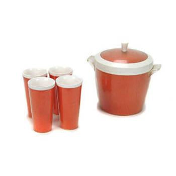 Orange Ice Bucket w Lid and 4x Matching Tumblers - Gil & Roy Props