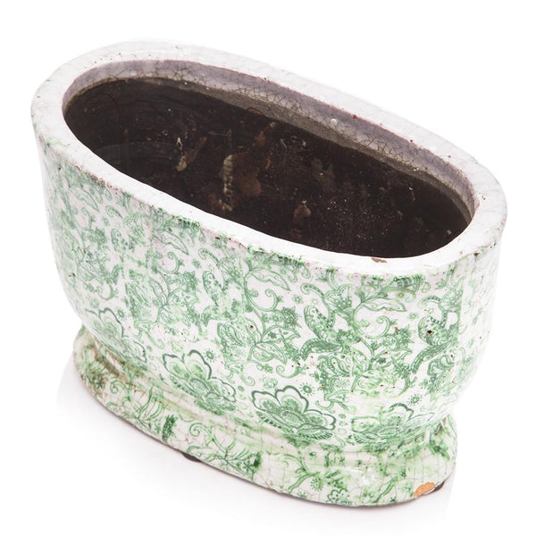 Green Ceramic Pot with Victorian Floral Design Wide (A+D) - Gil & Roy Props