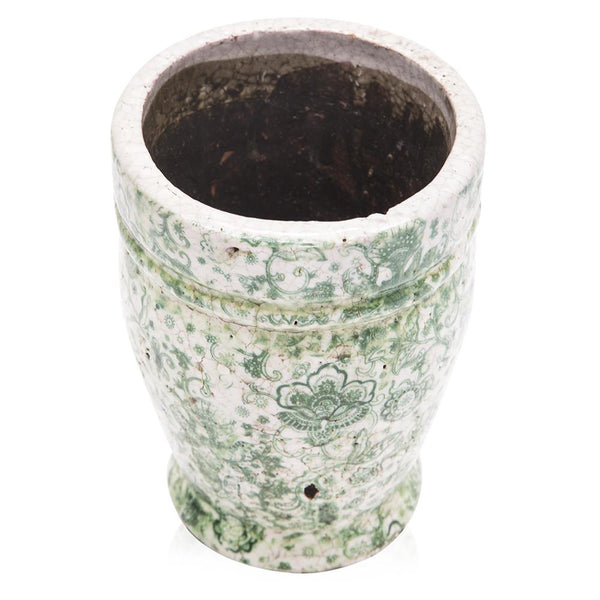 Green Ceramic Pot with Victorian Floral Design Tall (A+D) - Gil & Roy Props