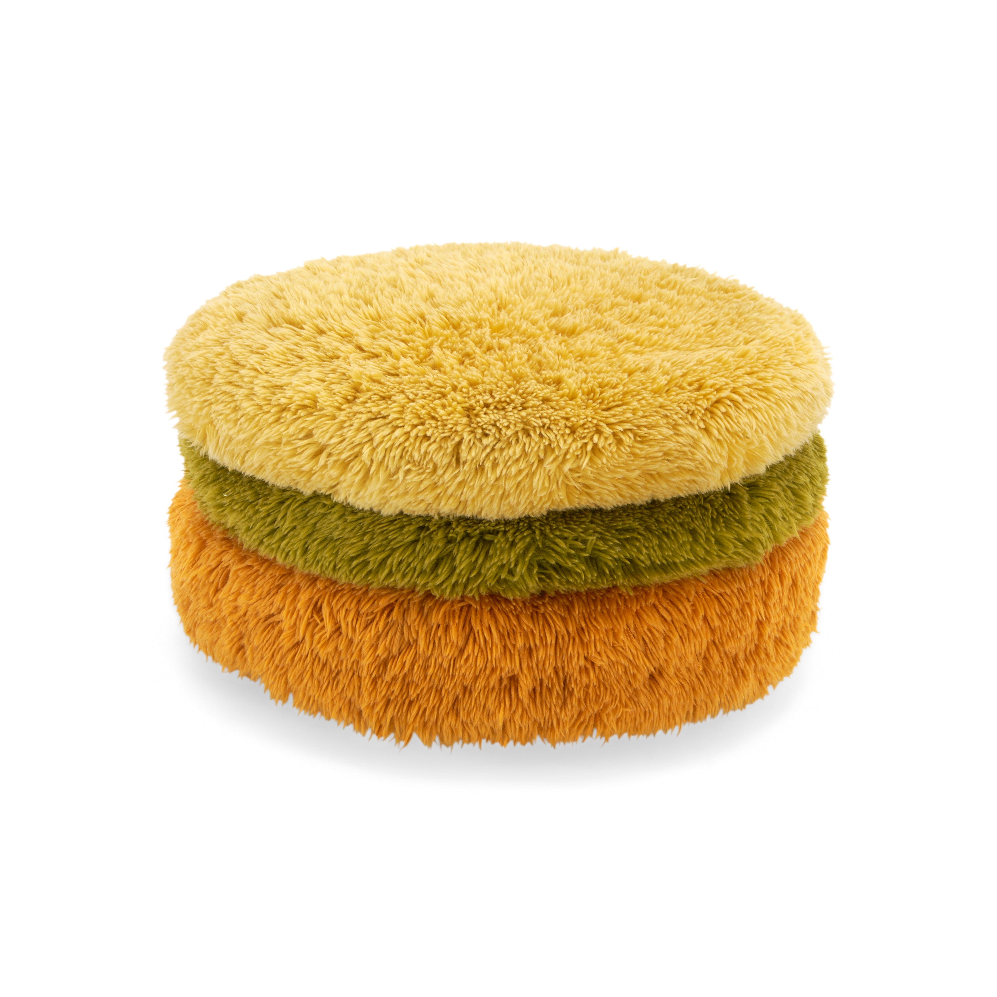 Multicolored Rolling Shag Ottoman with Stacking Pillows - Gil & Roy Props