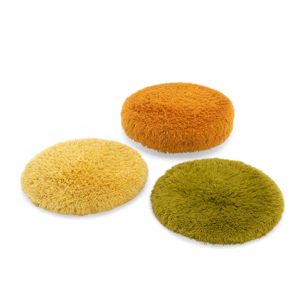 Multicolored Rolling Shag Ottoman with Stacking Pillows - Gil & Roy Props