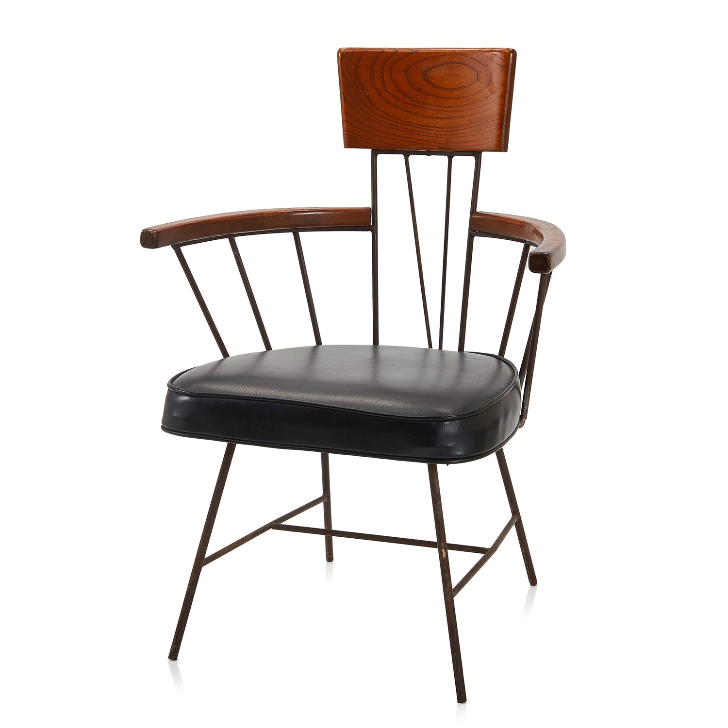 Back Leather & Wood Paul McCobb Ash Iron Arm Chair - Gil & Roy Props