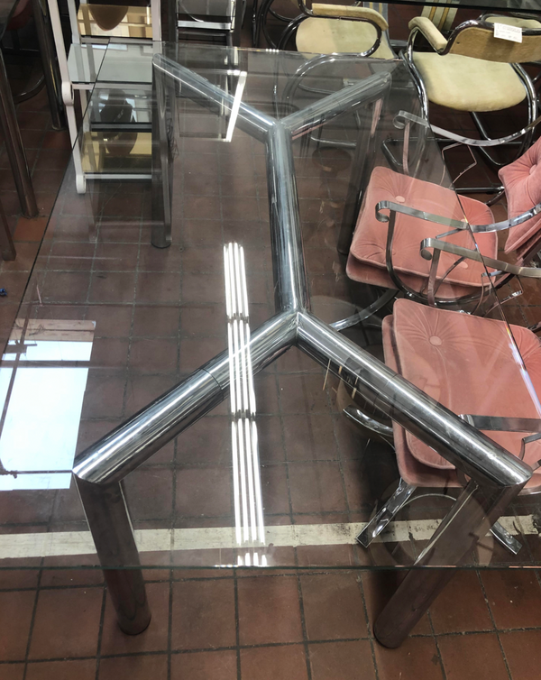 Glass Dining Table w/ Chrome Tube Legs - Gil & Roy Props