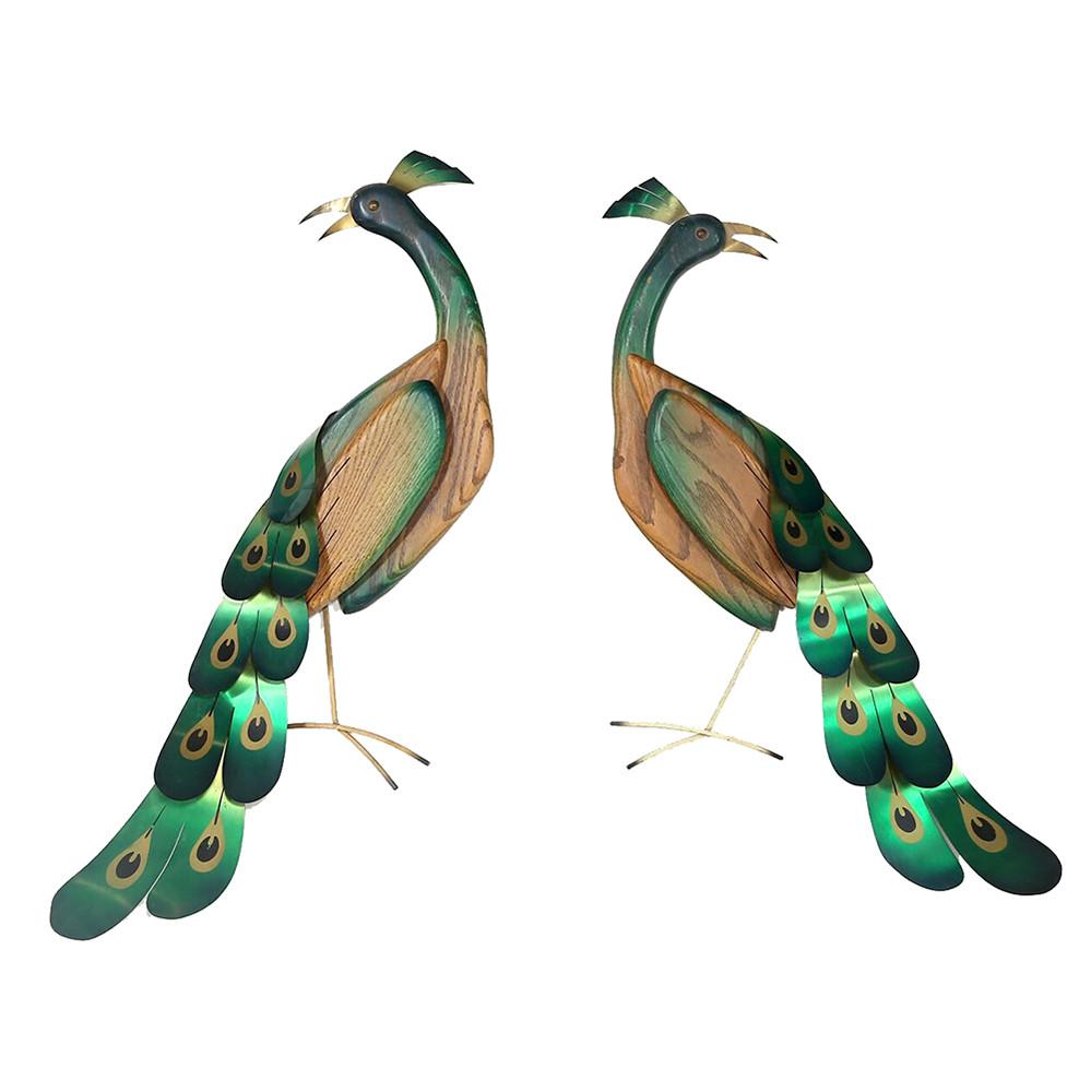Pair of Peacocks Wall Art - Green Metal and Wood - Gil & Roy Props